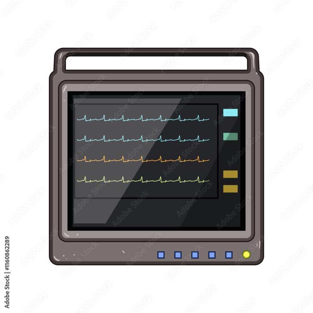 cardiac ekg monitor cartoon. electrocardiogram electrodes, waveform ...