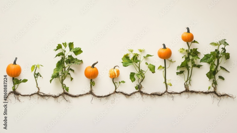 Pumpkin plant growth stages, from seedling to mature fruit. Stock ...