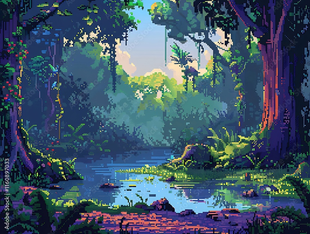 Lush pixel art rainforest scene with river, trees, plants, and sunlight ...