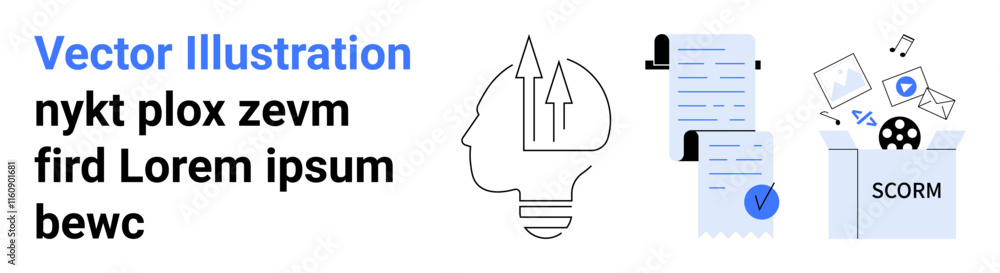 Head with lightbulb, documents with a padlock, and a SCORM package with ...
