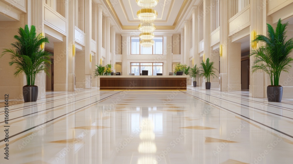 Elegant hotel lobby interior design with marble flooring, modern ...