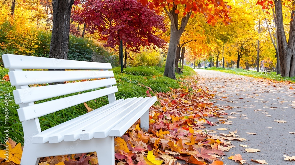 Autumn Park Bench Fall Foliage Pathway Colorful Leaves Stock Photo ...