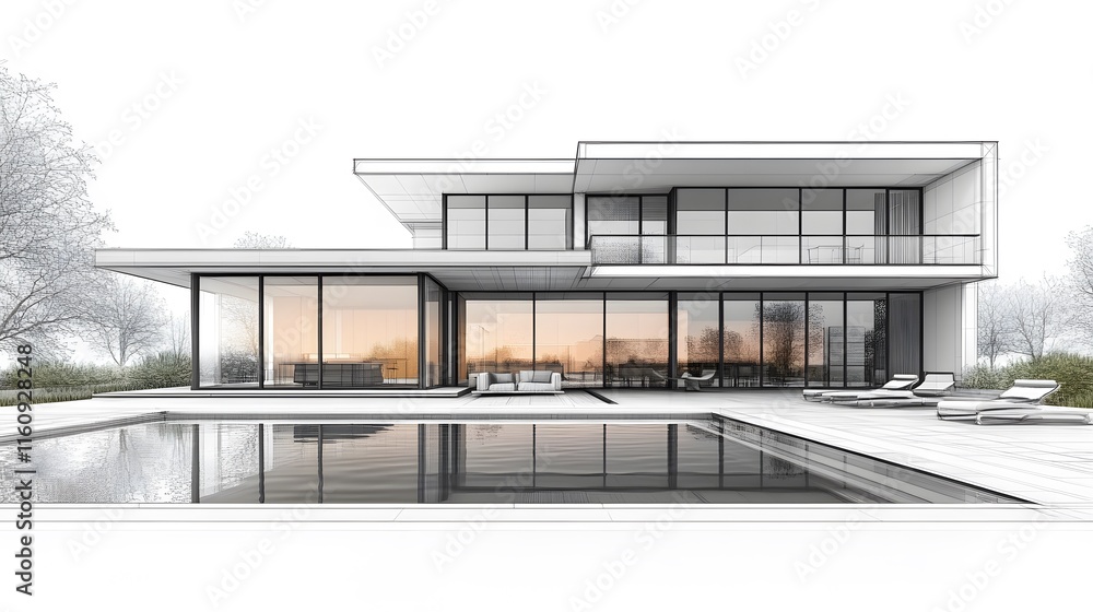 Modern house architectural wireframe featuring transparent layers ...