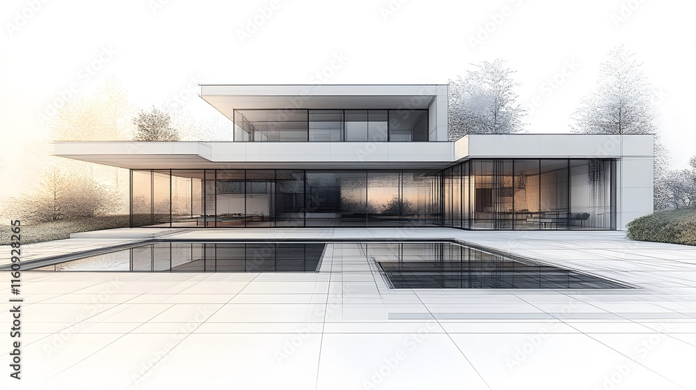 Modern house architectural wireframe featuring transparent layers ...