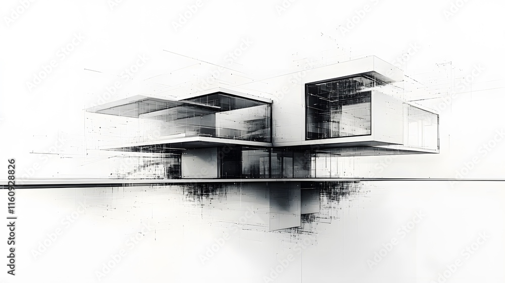 Modern house architectural wireframe featuring transparent layers ...
