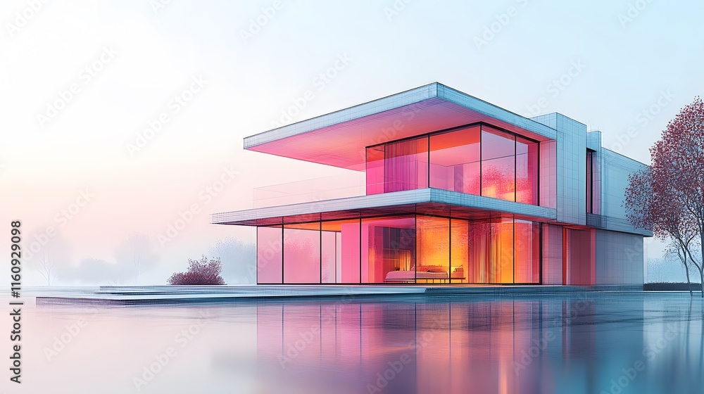 Modern house architectural wireframe featuring transparent layers ...