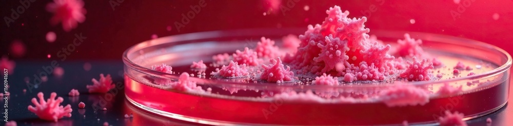 Candida albicans bacteria on agar plate in petri dish with red ...