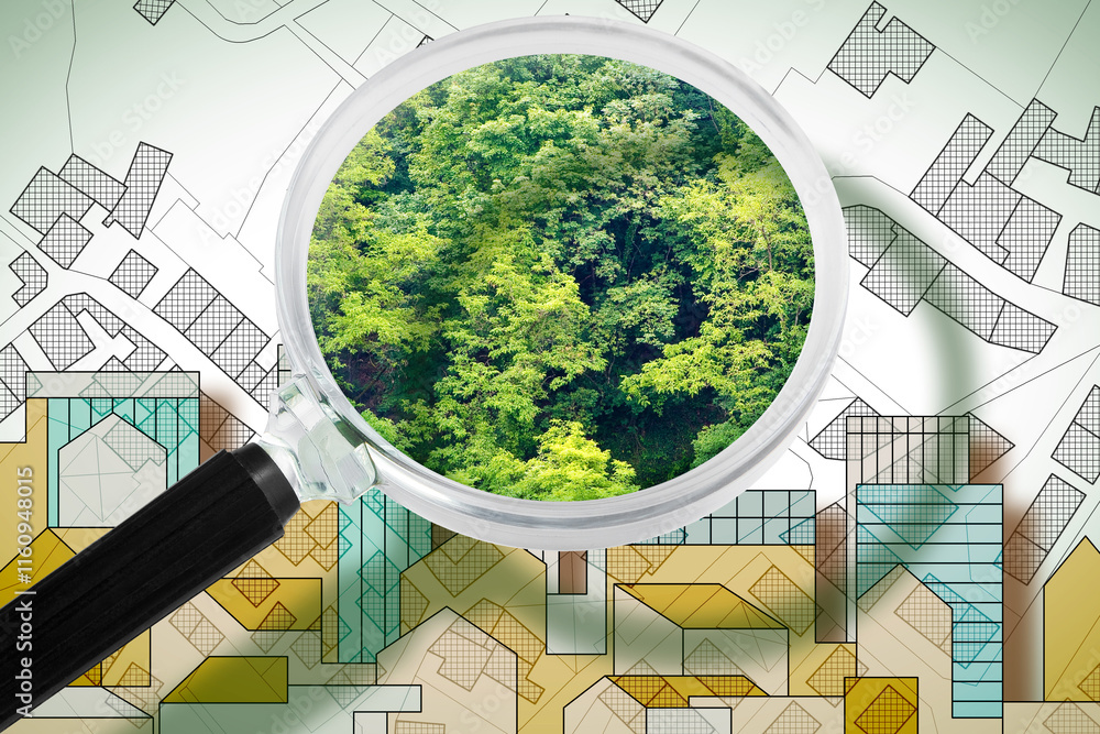 SEARCHING GREEN SPACES IN TOWN - Lone tree against an fictional city ...