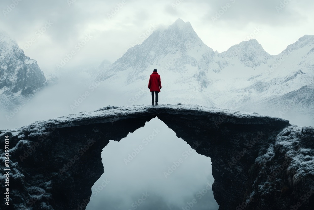 A person standing on a bridge that appears to be crumbling, yet they ...