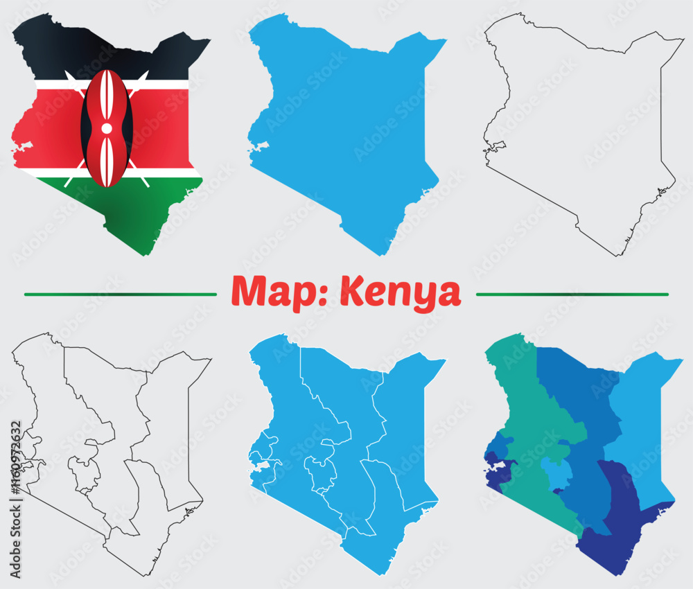 Kenya country map set. internal provinces borders marked, Simple map of Kenya vector drawing ...
