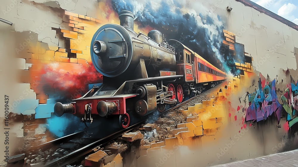 Urban Steam Train Mural: A captivating street art masterpiece depicting ...