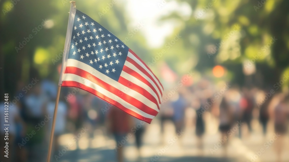 Blurry American Flag Leading Fourth of July Parade for Community ...