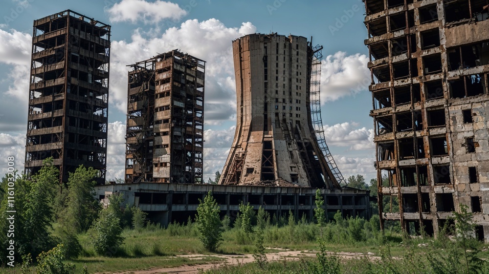 Chernobyl Nuclear Power Plant after atomic reactor explosion. Destroyed ...