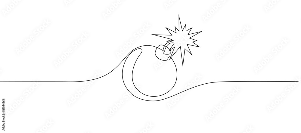 Bomb with burning fuse in one Continuous line drawing. Stress explosion ...