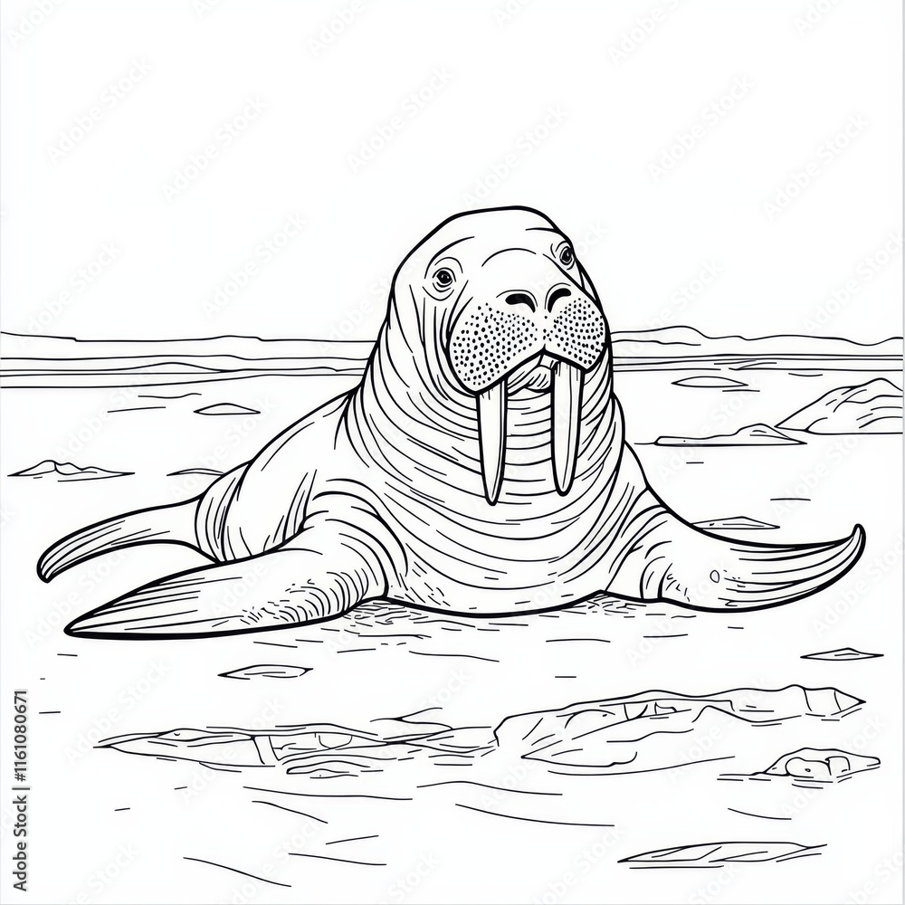 Walrus Line Drawing: A detailed line drawing of a walrus with prominent ...