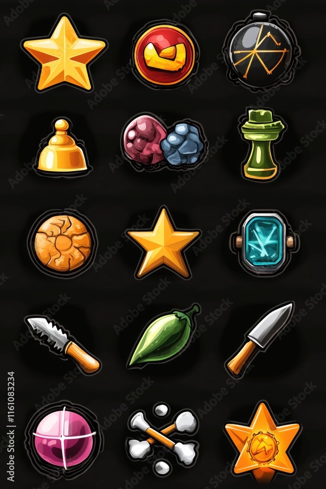 Collection of various symbols and shapes, including a star, a knife ...