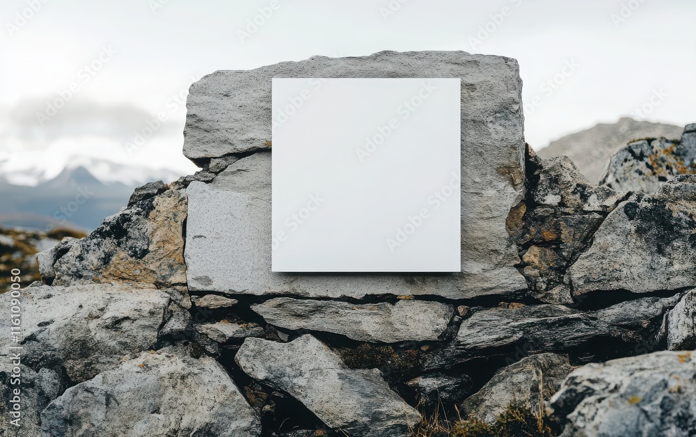 Minimalist white poster on an angular stone wall with a crackling ...