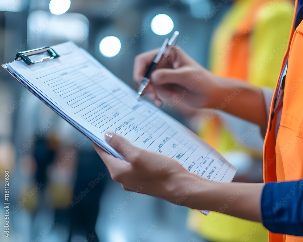 A construction worker in an orange vest reviews an inspection checklist ...