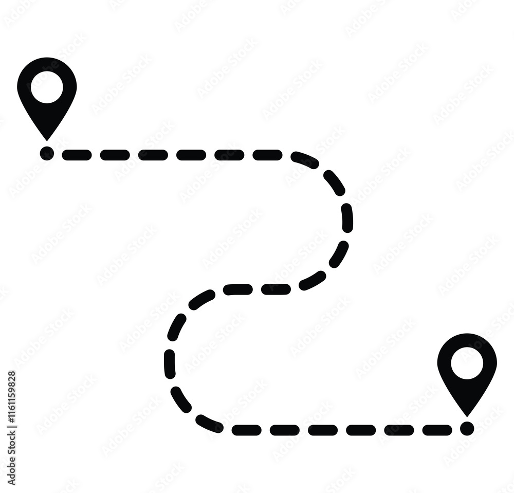 Route icon between two points. Dot line path route travel banner illustration with location map ...