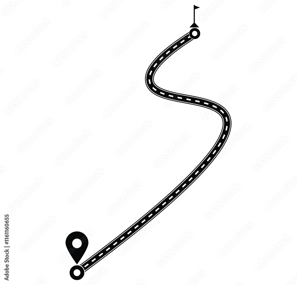 Route icon between two points with dotted path and location pin. Location pointer continuous one ...