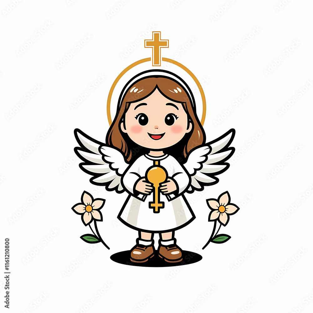 angel girl character illustration cartoon vector with wings and flowers ...