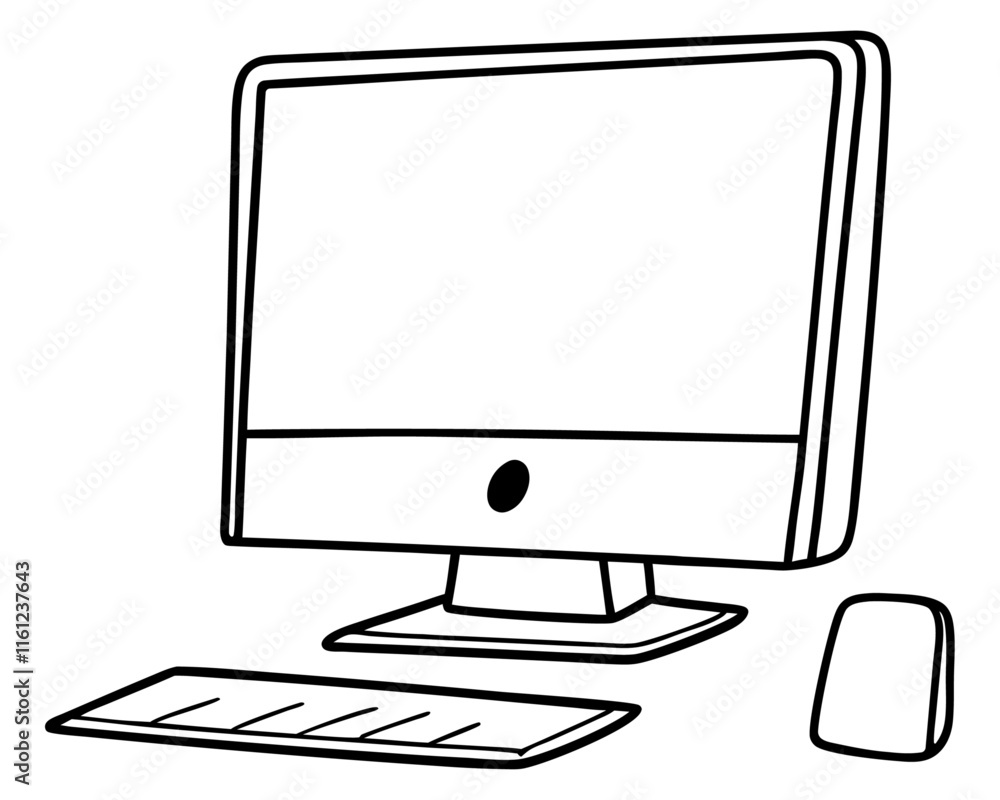 Desktop Computer Line Art Vector Design - Monitor, Keyboard, and Mouse in transparent background ...