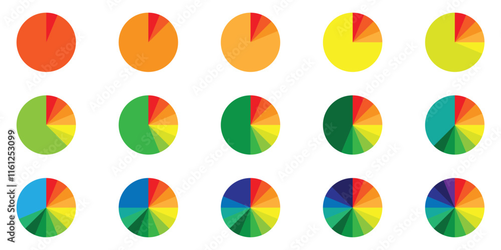 Circle pie chart icons. Pie charts diagram. Colorful diagram. Set of different color circles ...