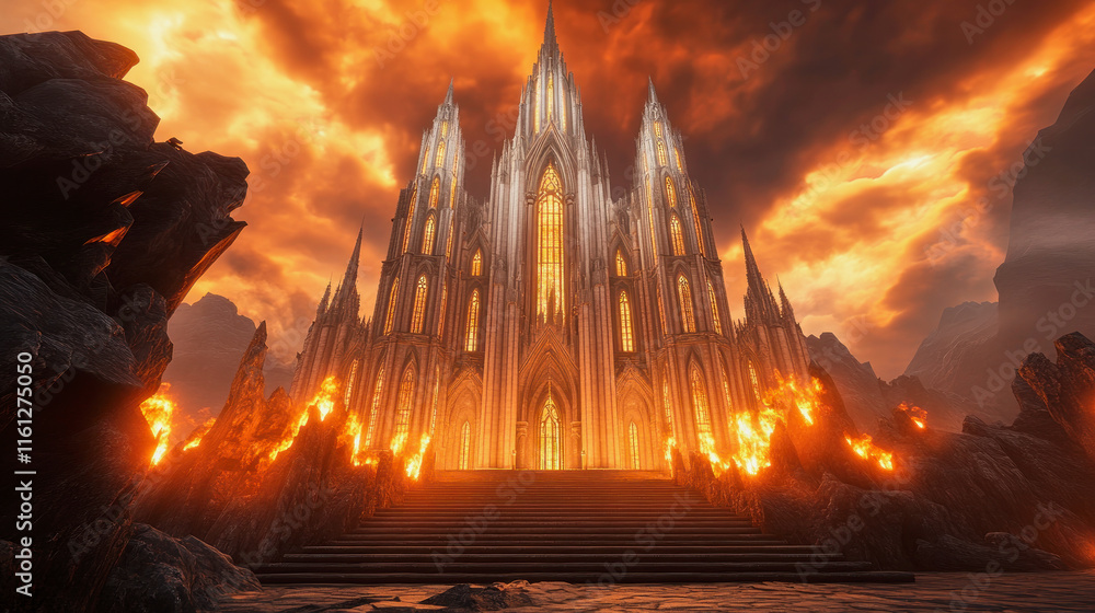 Fantasy castle engulfed in flames under a dramatic sky at dusk ...