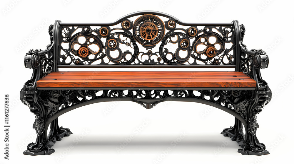Steampunk style bench made of iron and wood with intricate mechanical ...