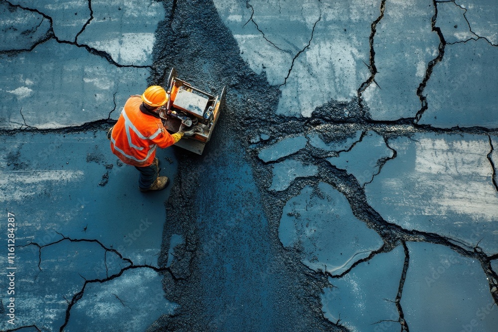 Road construction worker operating asphalt paving machine on a rural ...