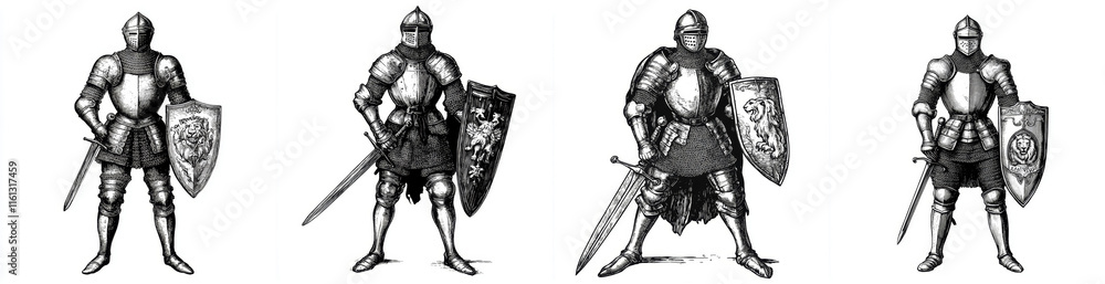 Medieval Knight Engraving: Full Plate Armor - Vintage engraving of four ...