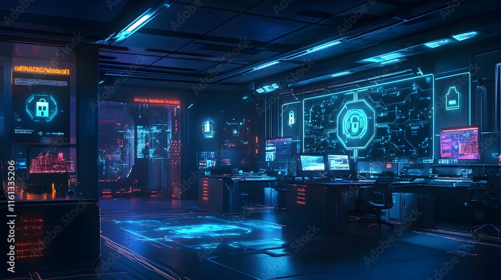Futuristic Cybersecurity Command Center with Digital Displays and Tools ...