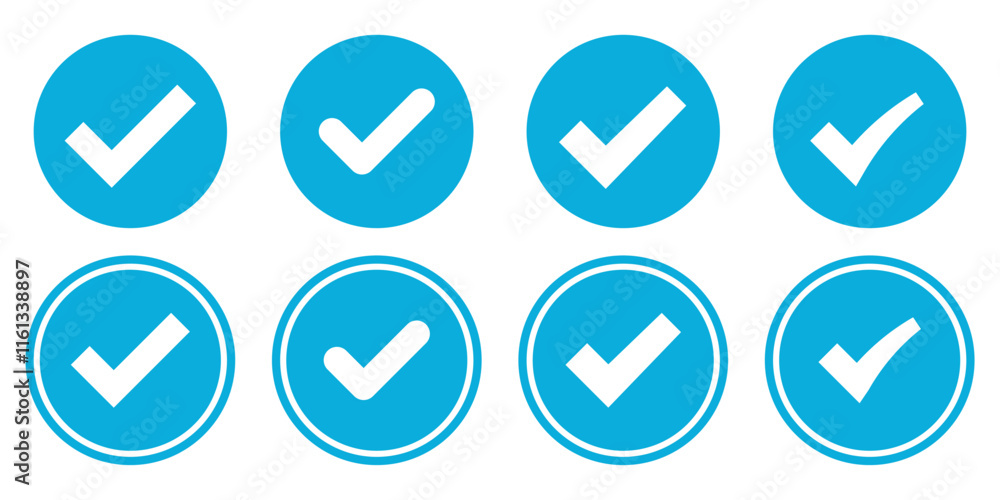 Blue checkmark icon set. Check box icon with correct, accept checkmark ...