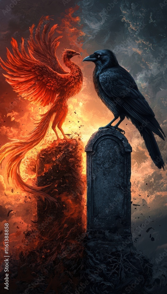 Phoenix and Raven in Dramatic Sky: Cycle of Rebirth and Death Concept for Poster Design Stock ...