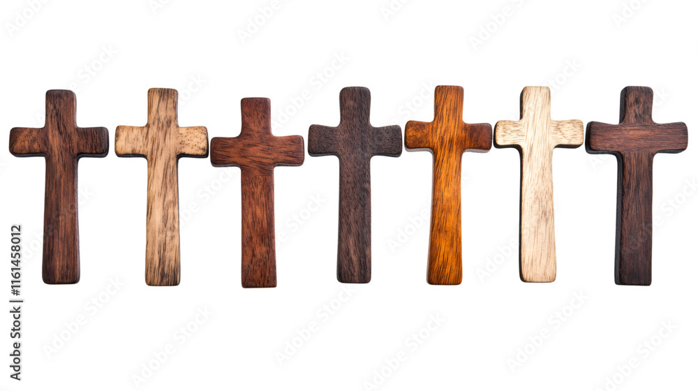 Seven wooden crosses of different shades are arranged in a horizontal ...