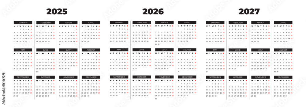 Elegant 2025 2026 and 2027 Calendar Stock Vector | Adobe Stock