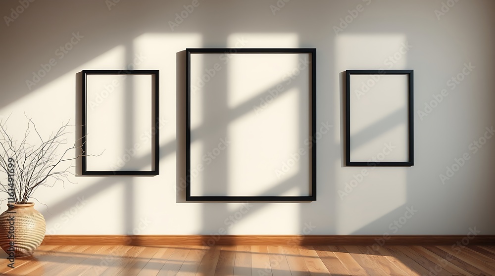 Minimalist Gallery Wall Mockup: Three sleek black frames adorn a light ...
