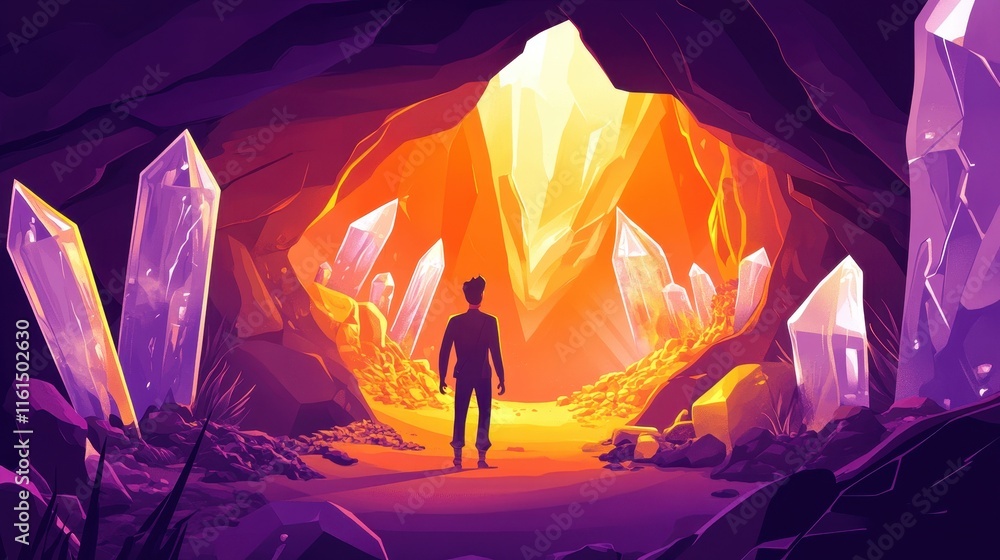 Man in underground mine cave cartoon background. Crystal treasure ...