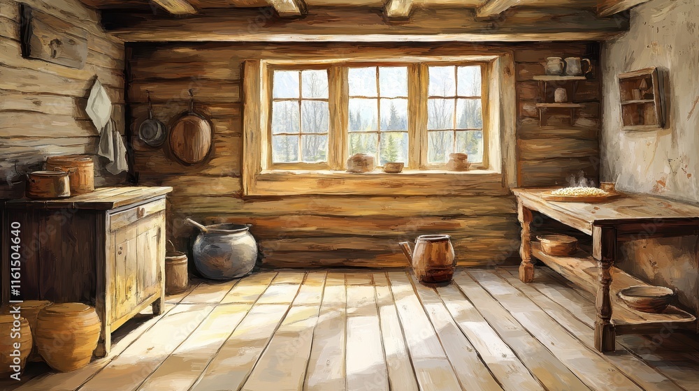 Old russian kitchen inside interior. Farm house for village. Wooden ...