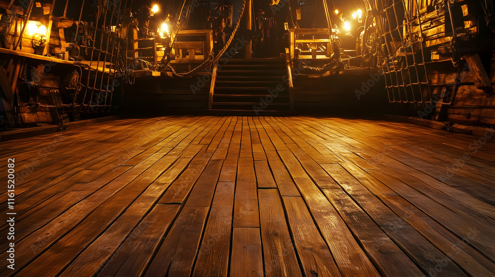 Deserted Pirate Ship Deck Featuring Wooden Planks and Cannons, Set ...