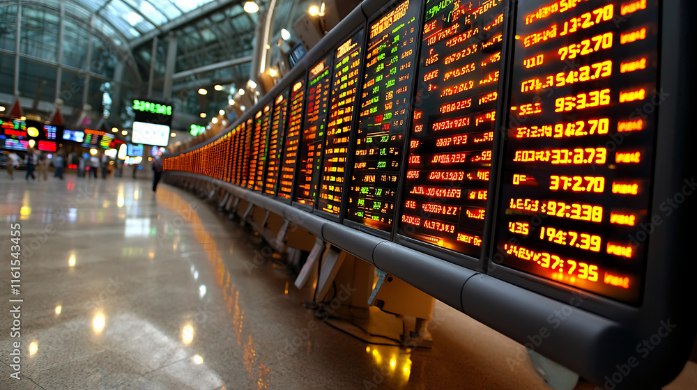 Stock market terminal displaying real time data with glowing screens ...