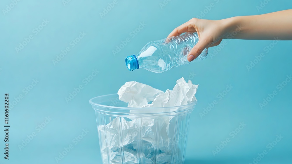 Womans hand disposing of a plastic bottle in a rubbish bin, crumpled ...