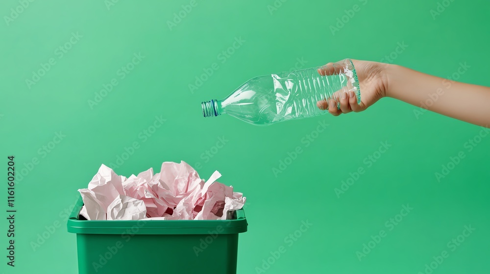 Womans hand disposing of a plastic bottle in a rubbish bin, crumpled ...