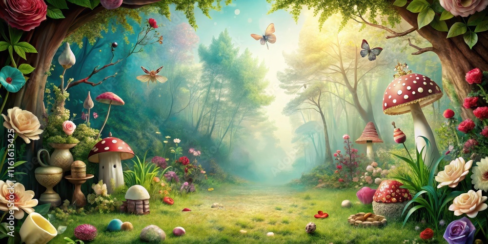 Whimsical Alice in Wonderland themed background, fantasy, surreal, tea ...