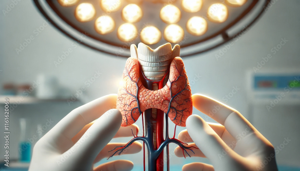 Surgical hands holding anatomical thyroid model in operating room with ...