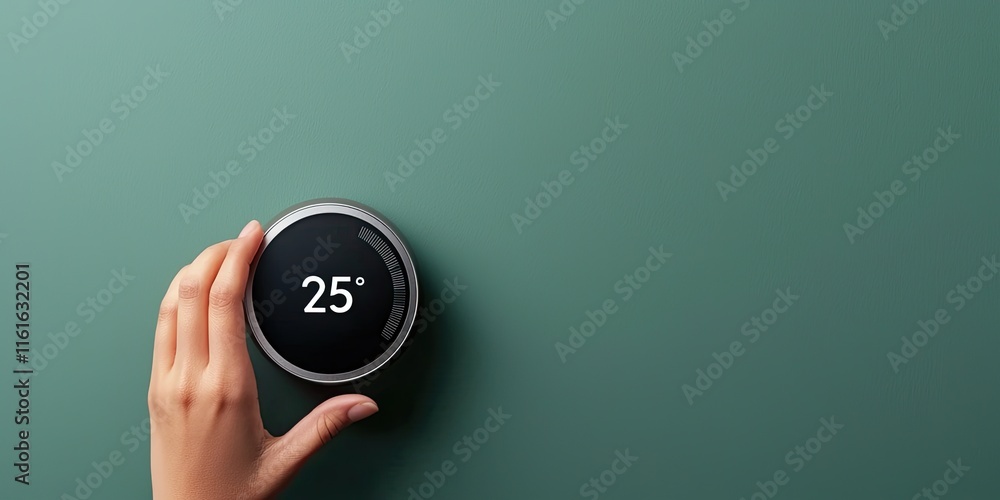 Power usage statistics concept. A hand adjusts a modern thermostat ...