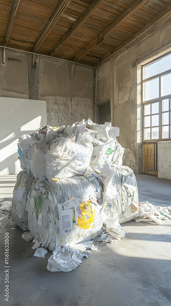 Recycled Paper Bales in Sunlit Industrial Space, Waste Paper Collection ...