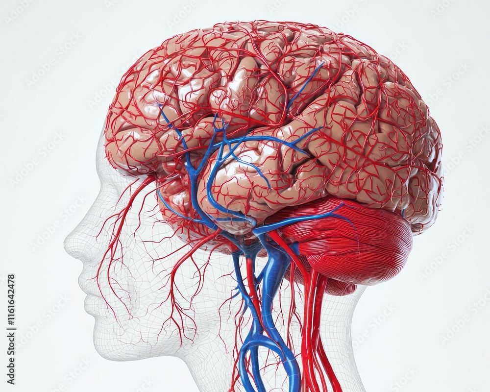 Detailed 3D rendering human brain anatomy, highlighting the vascular ...