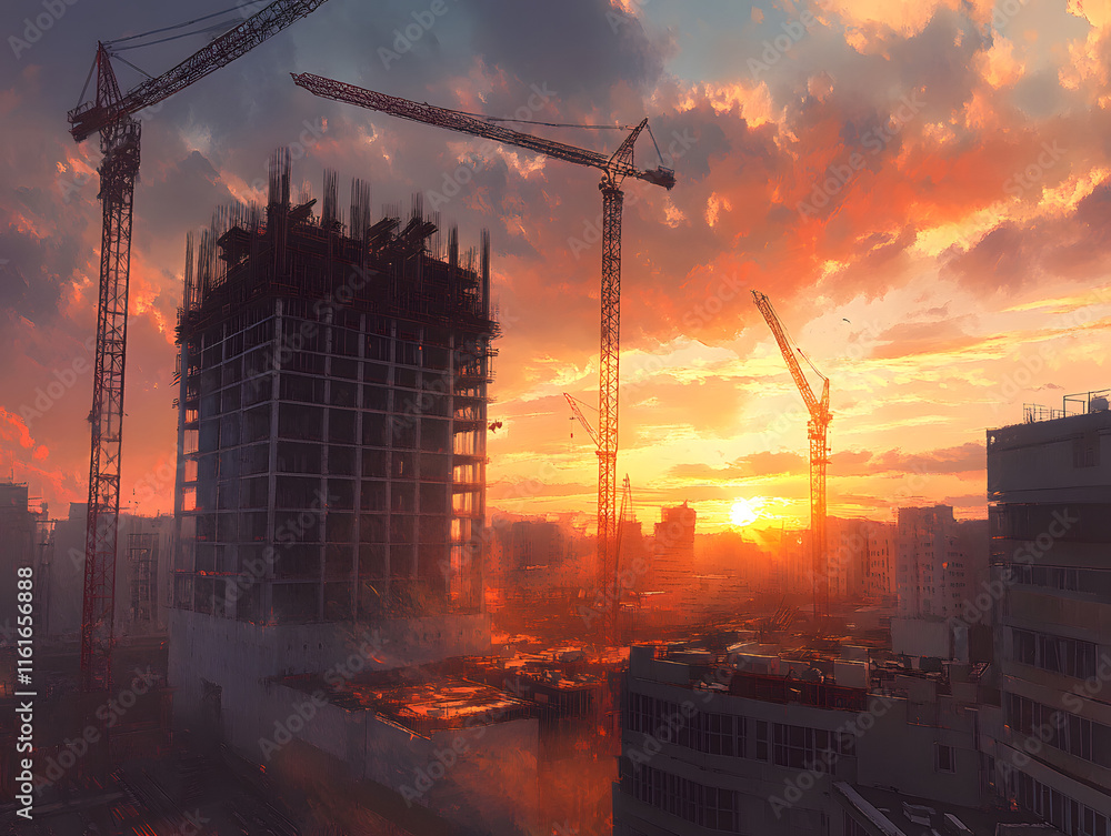 construction site sunset multi-story building cranes structure landscape progress development ...