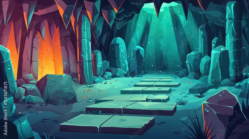 Crystal Cave with Stone Pathway and Glowing Orange Rock , 2d cartoon ...